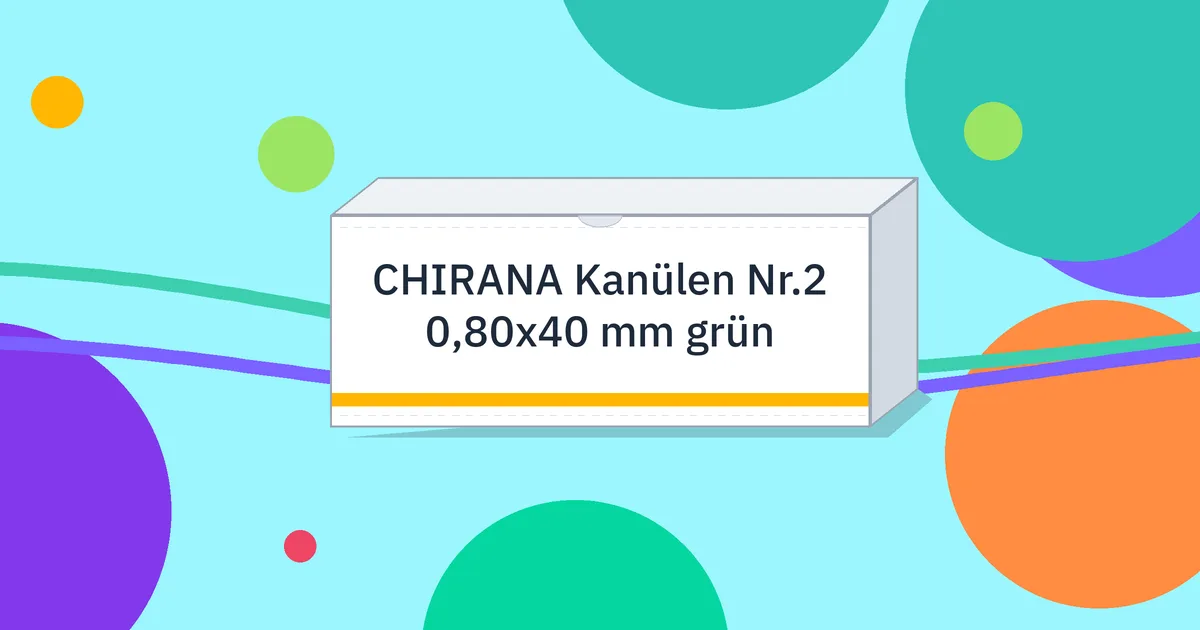 Symbolbild: Packung mit der Aufschrift CHIRANA Kanülen Nr.2 0,80x40 mm grün (PZN 11608992) – Verfügbarkeit und Bezug in Apotheken in Frankfurt am Main