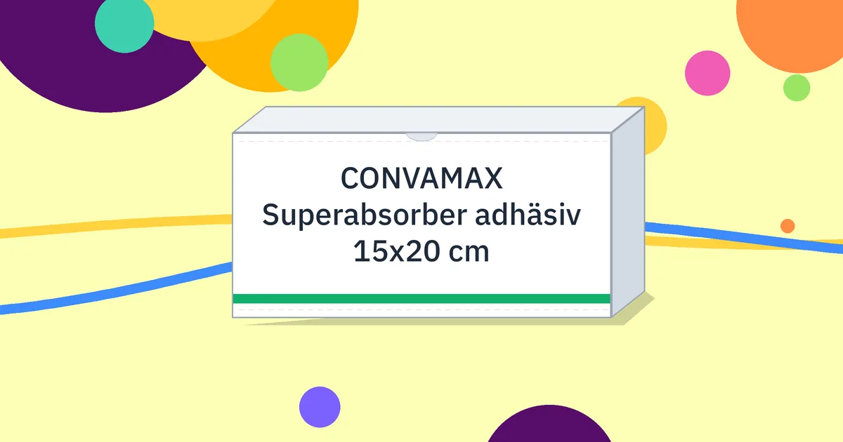 Symbolbild: Packung mit der Aufschrift CONVAMAX Superabsorber adhäsiv 15x20 cm (PZN 18037541) – Verfügbarkeit und Bezug in Apotheken in Frankfurt am Main