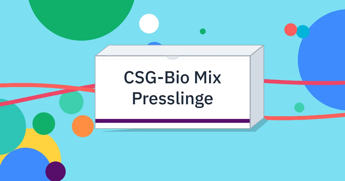Symbolbild: Packung mit der Aufschrift CSG-Bio Mix Presslinge (PZN 10330000) – Verfügbarkeit und Bezug in Apotheken in Frankfurt am Main
