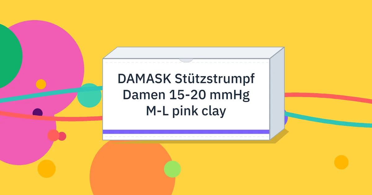 Symbolbild: Packung mit der Aufschrift DAMASK Stützstrumpf Damen 15-20 mmHg M-L pink clay (PZN 20112327) – Verfügbarkeit und Bezug in Apotheken in Frankfurt am Main