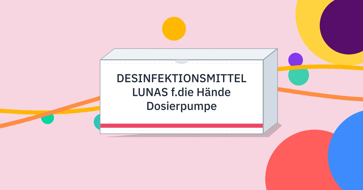 Symbolbild: Packung mit der Aufschrift DESINFEKTIONSMITTEL LUNAS f.die Hände Dosierpumpe (PZN 16904790) – Verfügbarkeit und Bezug in Apotheken in Frankfurt am Main