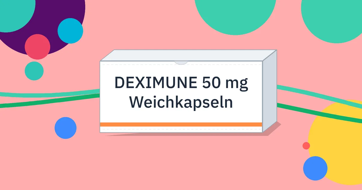 Symbolbild: Packung mit der Aufschrift DEXIMUNE 50 mg Weichkapseln (PZN 06056355) – Verfügbarkeit und Bezug in Apotheken in Frankfurt am Main