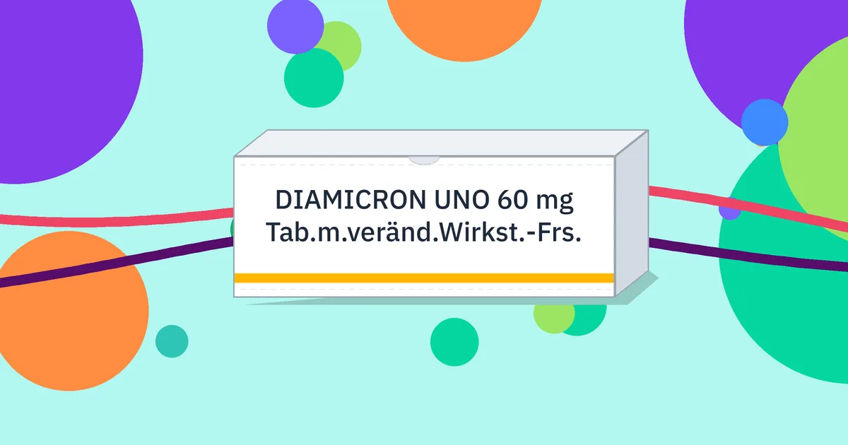 Symbolbild: Packung mit der Aufschrift DIAMICRON UNO 60 mg Tab.m.veränd.Wirkst.-Frs. (PZN 18054315) – Verfügbarkeit und Bezug in Apotheken in Frankfurt am Main