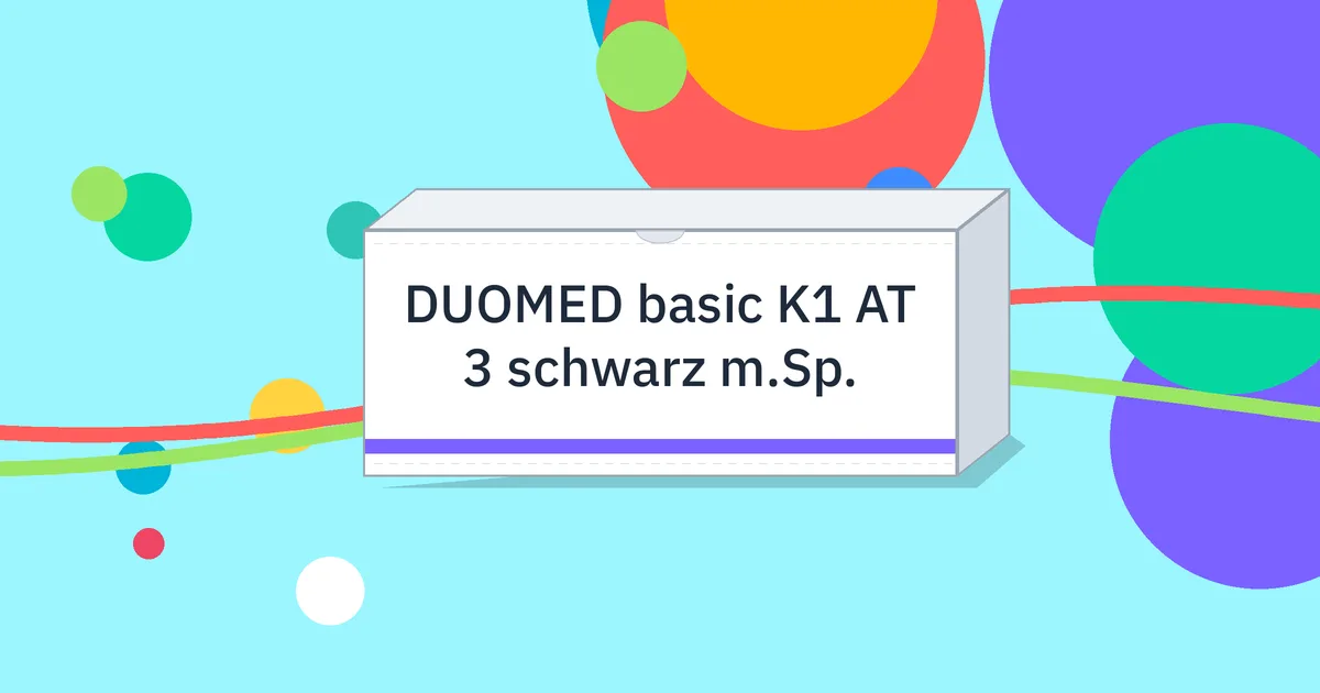Symbolbild: Packung mit der Aufschrift DUOMED basic K1 AT 3 schwarz m.Sp. (PZN 20902779) – Verfügbarkeit und Bezug in Apotheken in Frankfurt am Main