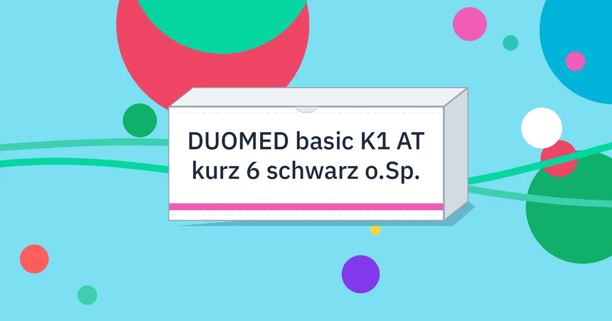 Symbolbild: Packung mit der Aufschrift DUOMED basic K1 AT kurz 6 schwarz o.Sp. (PZN 20903075) – Verfügbarkeit und Bezug in Apotheken in Frankfurt am Main