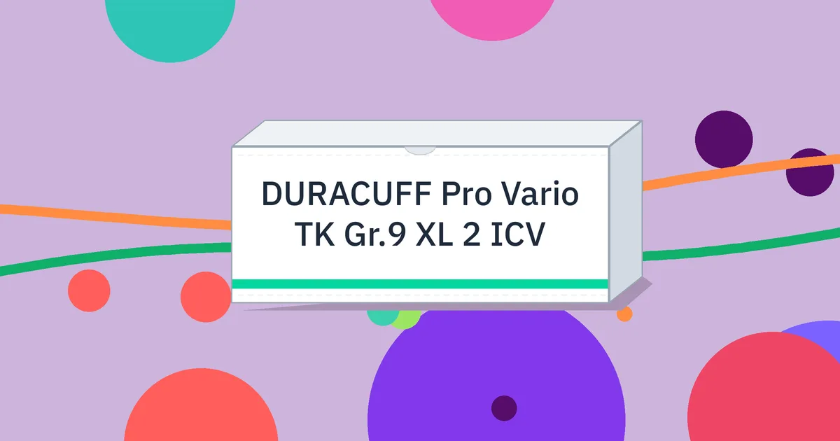 Symbolbild: Packung mit der Aufschrift DURACUFF Pro Vario TK Gr.9 XL 2 ICV (PZN 19245684) – Verfügbarkeit und Bezug in Apotheken in Frankfurt am Main