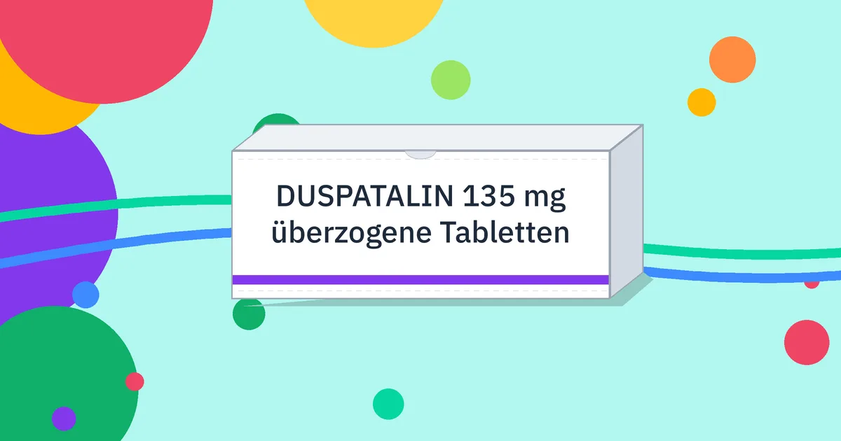 Symbolbild: Packung mit der Aufschrift DUSPATALIN 135 mg überzogene Tabletten (PZN 00055248) – Verfügbarkeit und Bezug in Apotheken in Frankfurt am Main