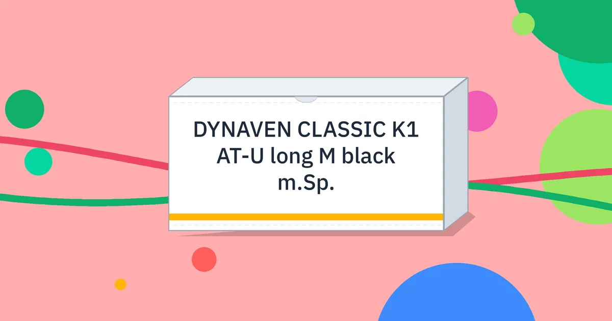Symbolbild: Packung mit der Aufschrift DYNAVEN CLASSIC K1 AT-U long M black m.Sp. (PZN 18416830) – Verfügbarkeit und Bezug in Apotheken in Frankfurt am Main