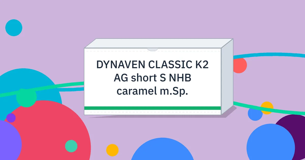 Symbolbild: Packung mit der Aufschrift DYNAVEN CLASSIC K2 AG short S NHB caramel m.Sp. (PZN 18418697) – Verfügbarkeit und Bezug in Apotheken in Frankfurt am Main