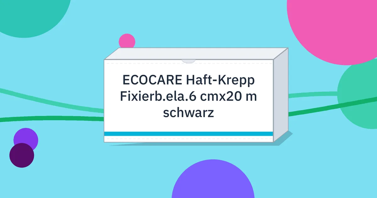 Symbolbild: Packung mit der Aufschrift ECOCARE Haft-Krepp Fixierb.ela.6 cmx20 m schwarz (PZN 11518711) – Verfügbarkeit und Bezug in Apotheken in Frankfurt am Main