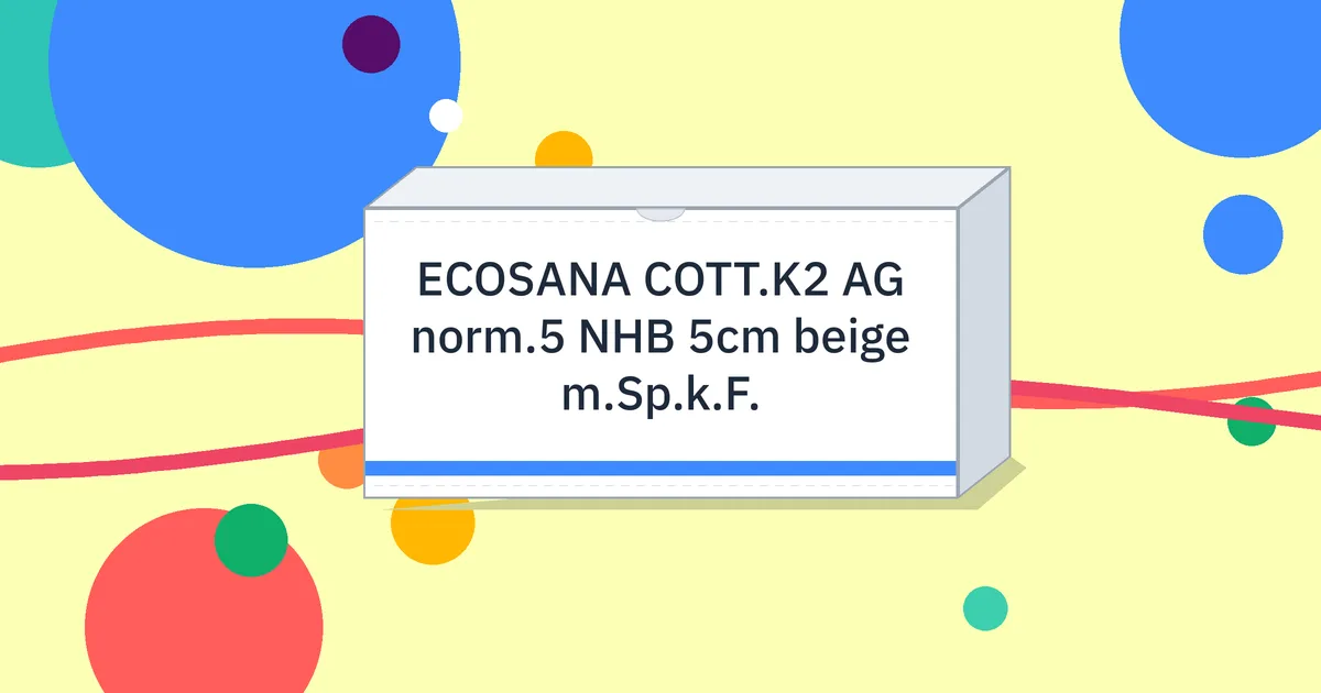 Symbolbild: Packung mit der Aufschrift ECOSANA COTT.K2 AG norm.5 NHB 5cm beige m.Sp.k.F. (PZN 16950293) – Verfügbarkeit und Bezug in Apotheken in Frankfurt am Main