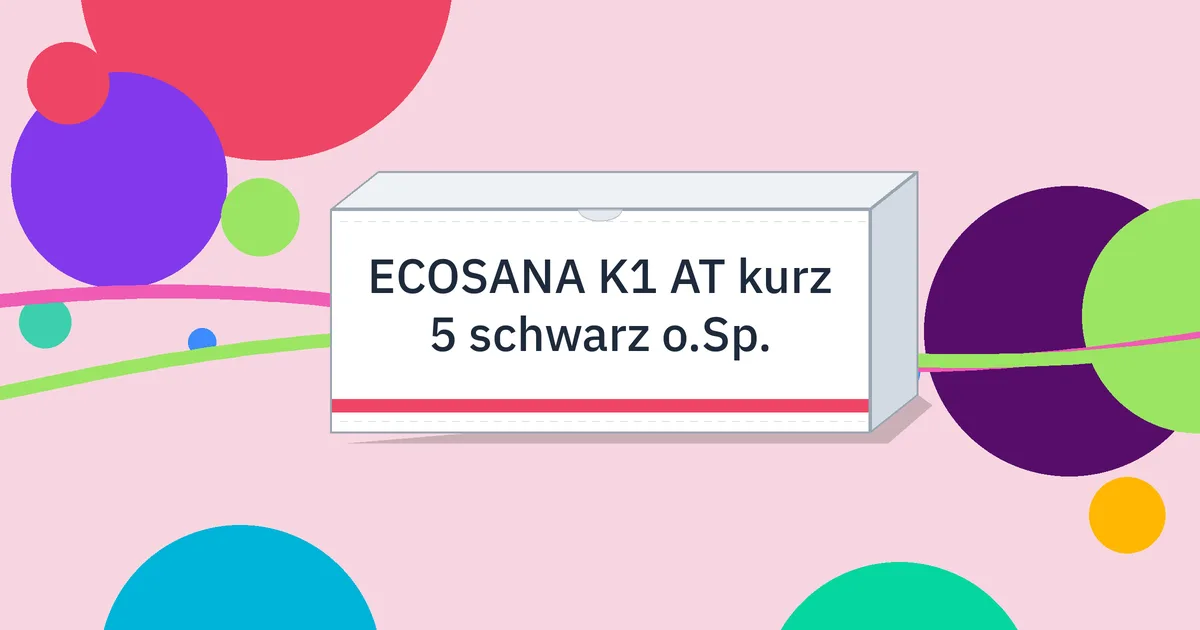 Symbolbild: Packung mit der Aufschrift ECOSANA K1 AT kurz 5 schwarz o.Sp. (PZN 04731930) – Verfügbarkeit und Bezug in Apotheken in Frankfurt am Main