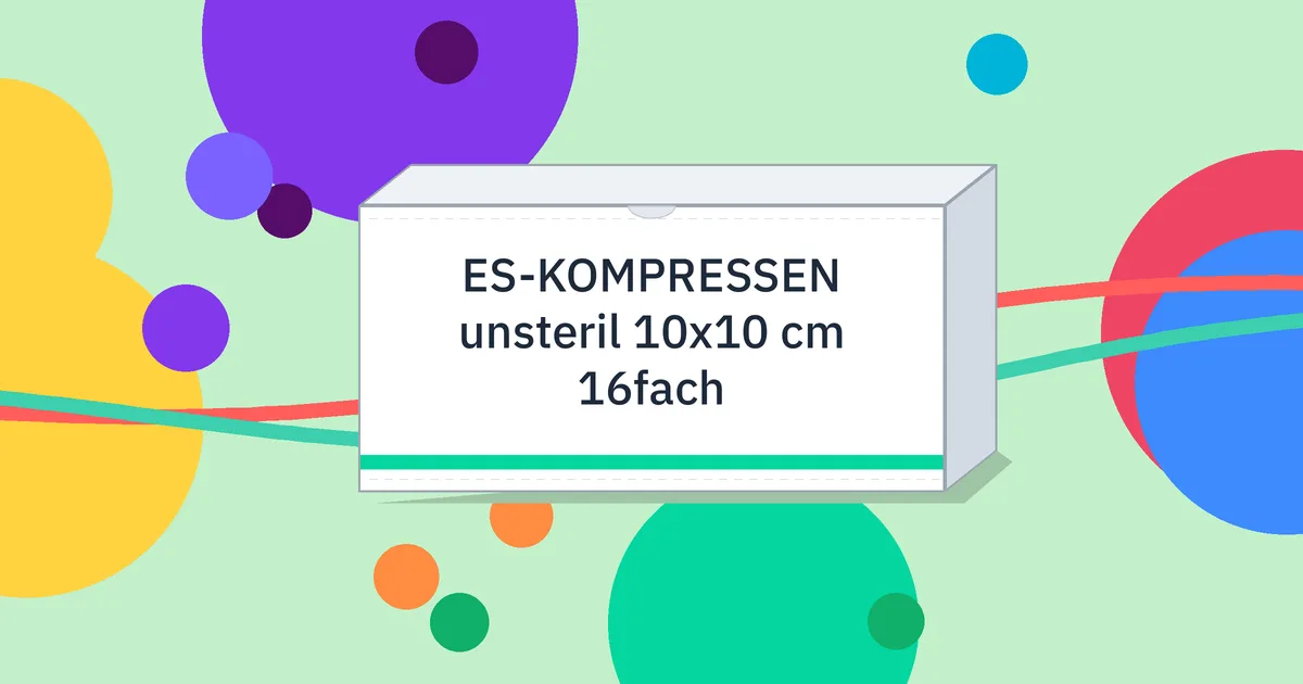 Symbolbild: Packung mit der Aufschrift ES-KOMPRESSEN unsteril 10x10 cm 16fach (PZN 19700585) – Verfügbarkeit und Bezug in Apotheken in Frankfurt am Main