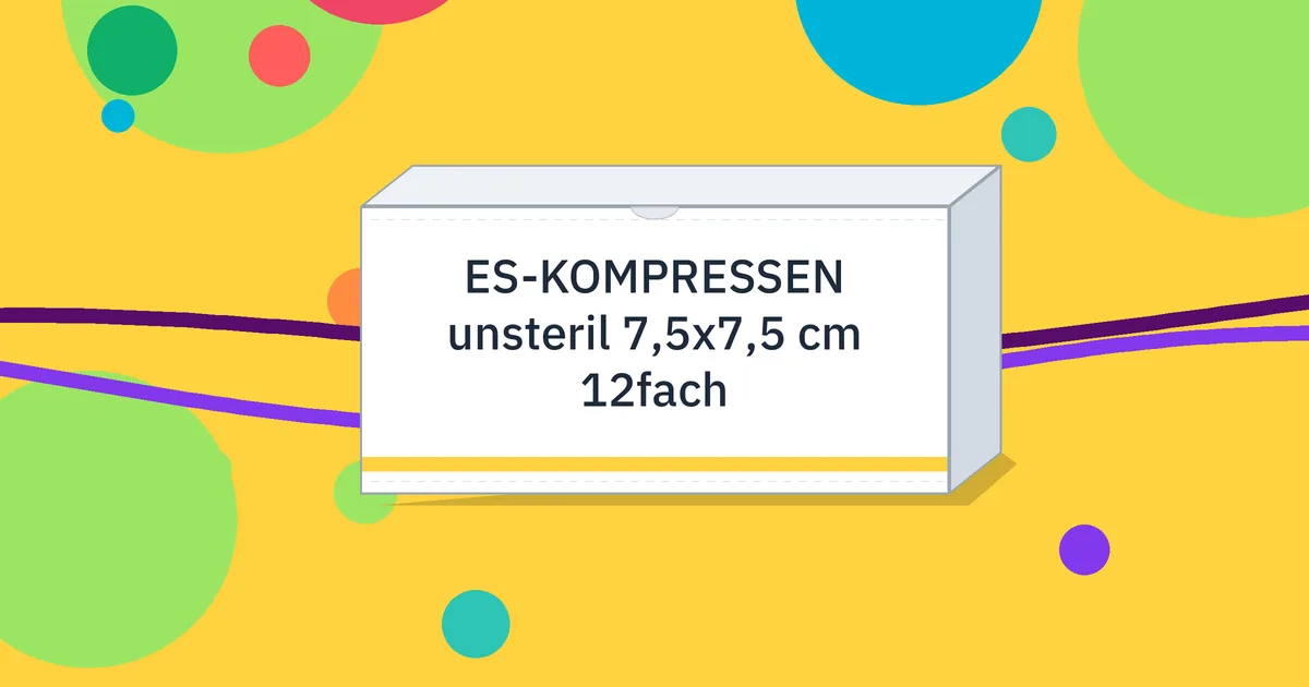 Symbolbild: Packung mit der Aufschrift ES-KOMPRESSEN unsteril 7,5x7,5 cm 12fach (PZN 17565812) – Verfügbarkeit und Bezug in Apotheken in Frankfurt am Main