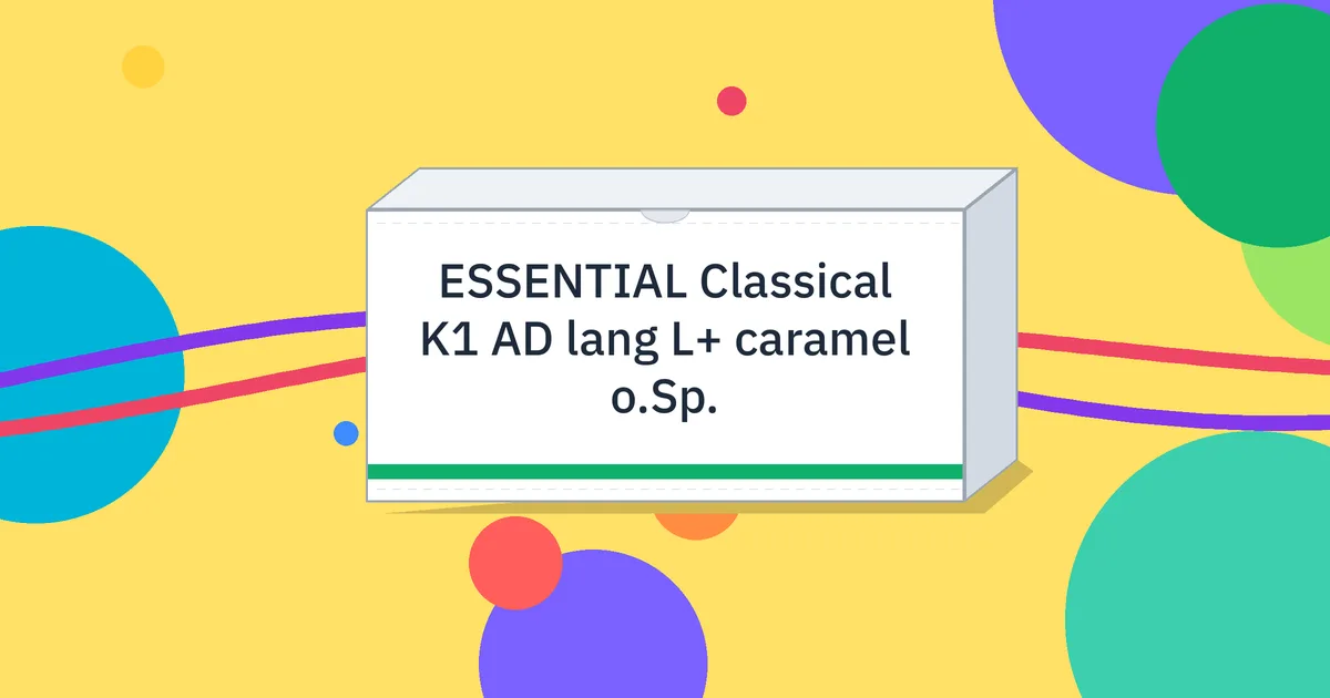 Symbolbild: Packung mit der Aufschrift ESSENTIAL Classical K1 AD lang L+ caramel o.Sp. (PZN 17009169) – Verfügbarkeit und Bezug in Apotheken in Frankfurt am Main