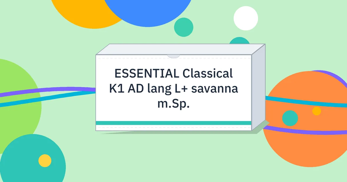 Symbolbild: Packung mit der Aufschrift ESSENTIAL Classical K1 AD lang L+ savanna m.Sp. (PZN 17000085) – Verfügbarkeit und Bezug in Apotheken in Frankfurt am Main
