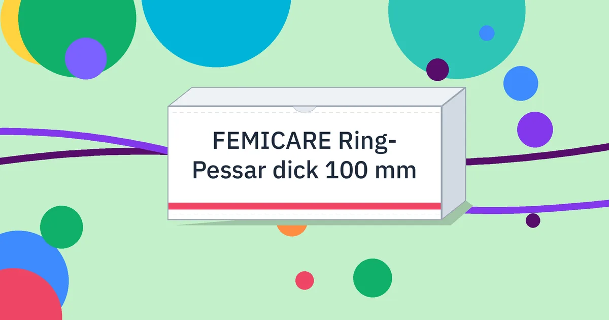 Symbolbild: Packung mit der Aufschrift FEMICARE Ring-Pessar dick 100 mm (PZN 19336257) – Verfügbarkeit und Bezug in Apotheken in Frankfurt am Main