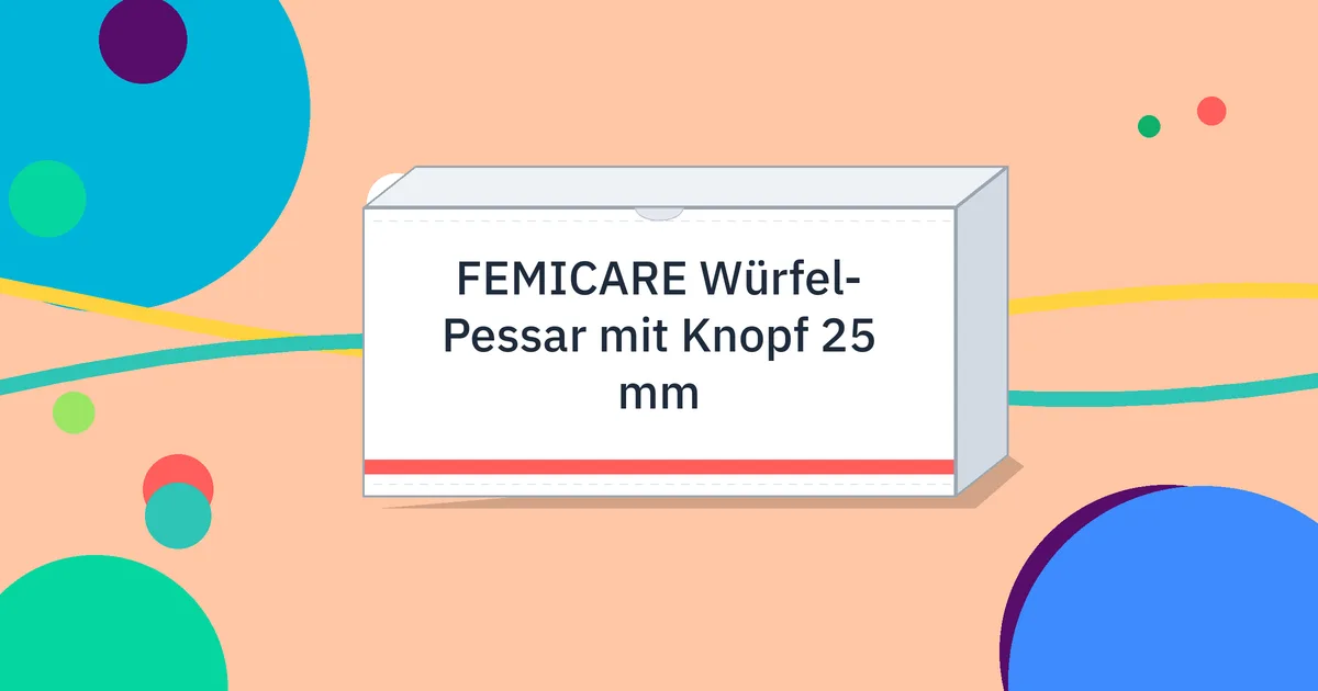 Symbolbild: Packung mit der Aufschrift FEMICARE Würfel-Pessar mit Knopf 25 mm (PZN 19335772) – Verfügbarkeit und Bezug in Apotheken in Frankfurt am Main