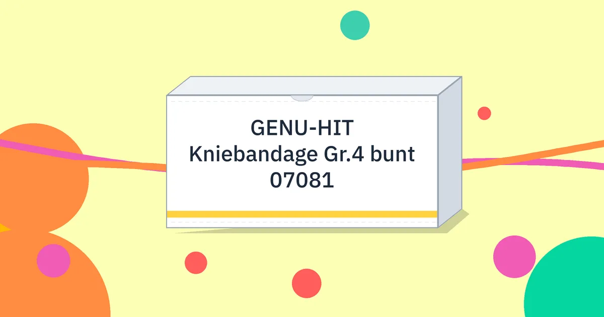 Symbolbild: Packung mit der Aufschrift GENU-HIT Kniebandage Gr.4 bunt 07081 (PZN 08486350) – Verfügbarkeit und Bezug in Apotheken in Frankfurt am Main