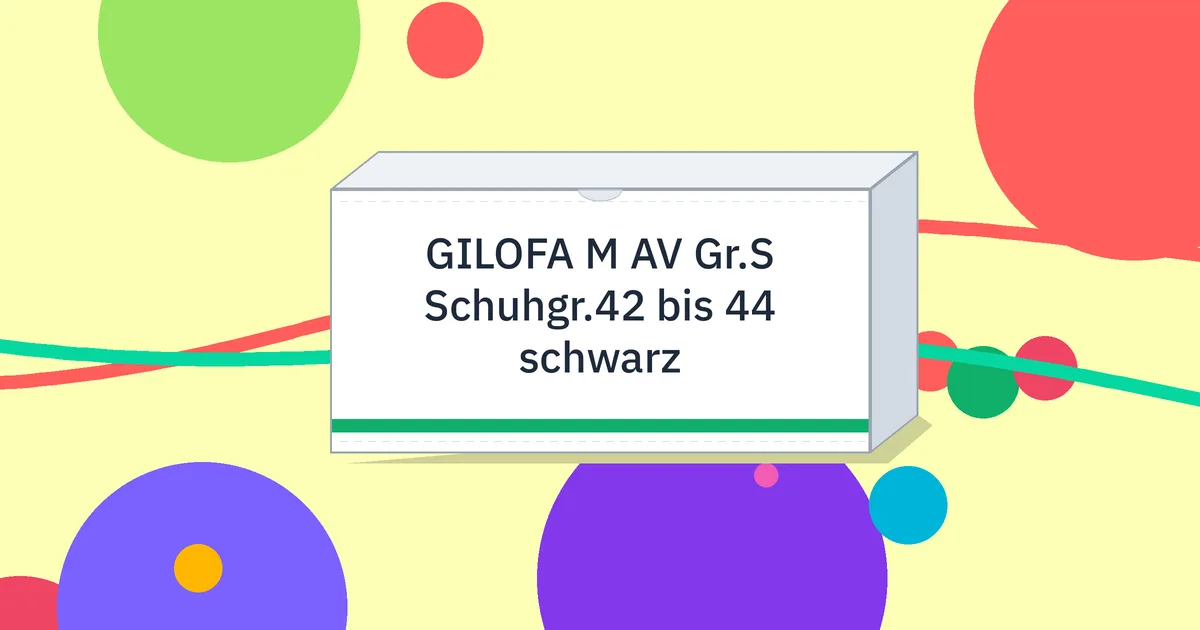 Symbolbild: Packung mit der Aufschrift GILOFA M AV Gr.S Schuhgr.42 bis 44 schwarz (PZN 16726199) – Verfügbarkeit und Bezug in Apotheken in Frankfurt am Main