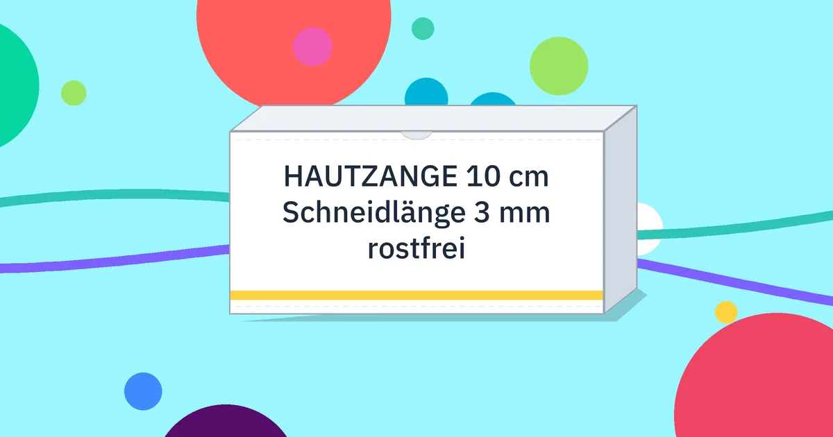 Symbolbild: Packung mit der Aufschrift HAUTZANGE 10 cm Schneidlänge 3 mm rostfrei (PZN 17288206) – Verfügbarkeit und Bezug in Apotheken in Frankfurt am Main