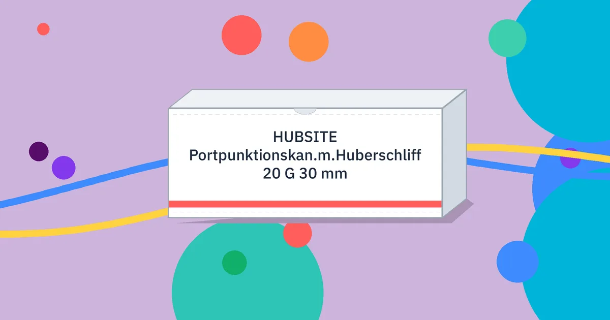 Symbolbild: Packung mit der Aufschrift HUBSITE Portpunktionskan.m.Huberschliff 20 G 30 mm (PZN 07369731) – Verfügbarkeit und Bezug in Apotheken in Frankfurt am Main