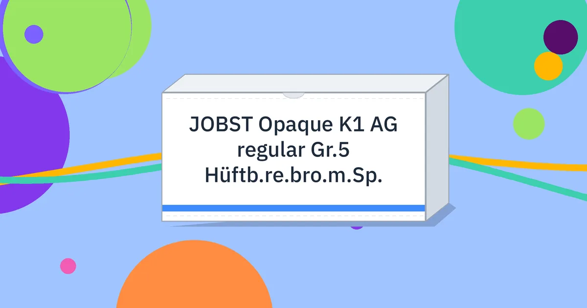 Symbolbild: Packung mit der Aufschrift JOBST Opaque K1 AG regular Gr.5 Hüftb.re.bro.m.Sp. (PZN 13101079) – Verfügbarkeit und Bezug in Apotheken in Frankfurt am Main