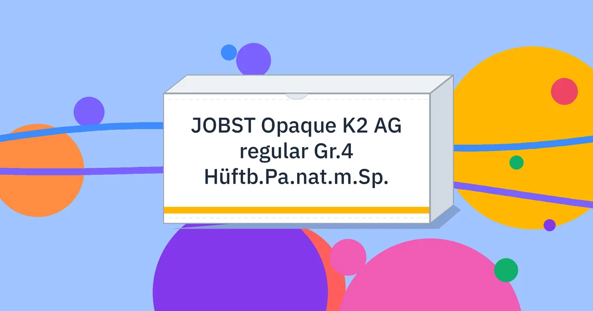 Symbolbild: Packung mit der Aufschrift JOBST Opaque K2 AG regular Gr.4 Hüftb.Pa.nat.m.Sp. (PZN 13116603) – Verfügbarkeit und Bezug in Apotheken in Frankfurt am Main