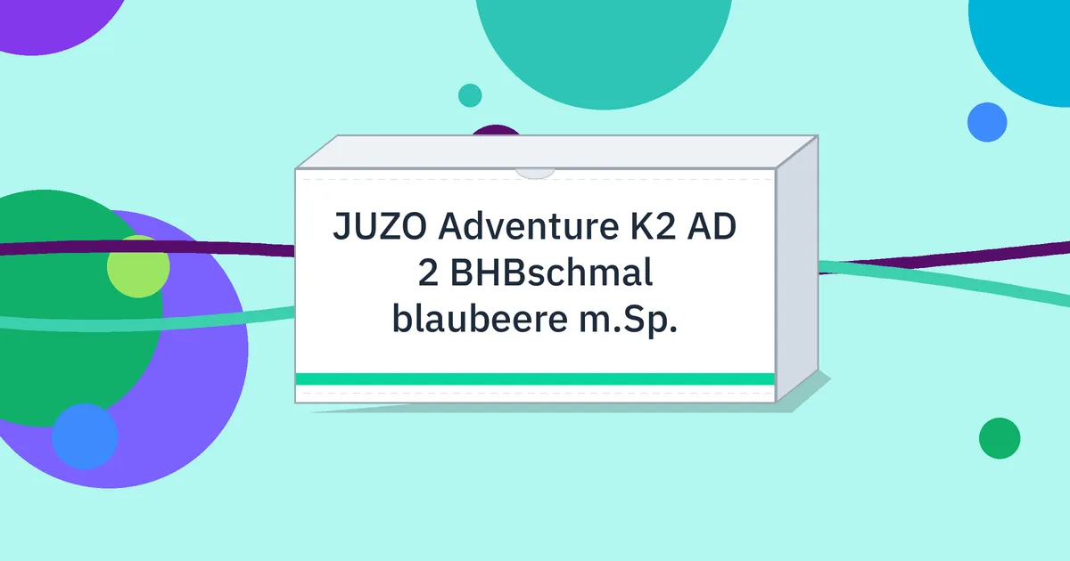 Symbolbild: Packung mit der Aufschrift JUZO Adventure K2 AD 2 BHBschmal blaubeere m.Sp. (PZN 16345675) – Verfügbarkeit und Bezug in Apotheken in Frankfurt am Main