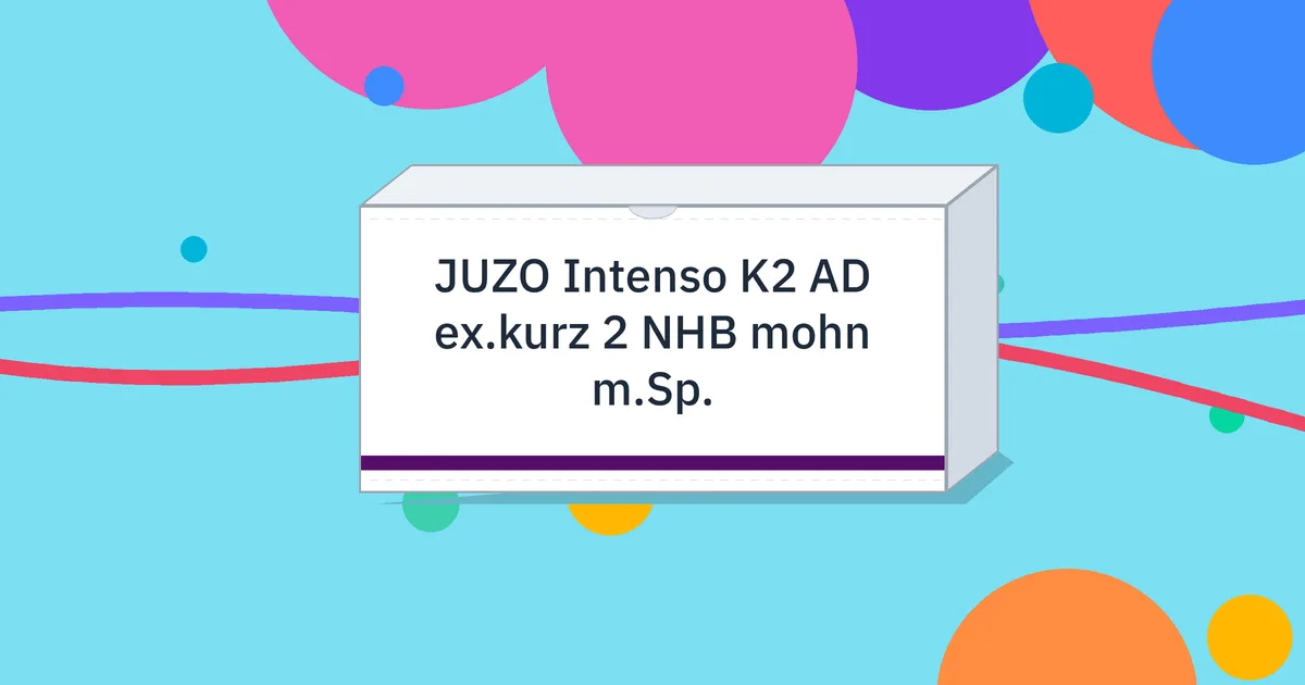Symbolbild: Packung mit der Aufschrift JUZO Intenso K2 AD ex.kurz 2 NHB mohn m.Sp. (PZN 18611750) – Verfügbarkeit und Bezug in Apotheken in Frankfurt am Main