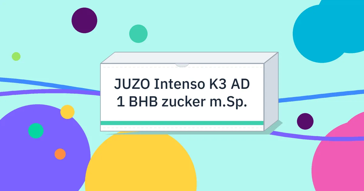 Symbolbild: Packung mit der Aufschrift JUZO Intenso K3 AD 1 BHB zucker m.Sp. (PZN 18634165) – Verfügbarkeit und Bezug in Apotheken in Frankfurt am Main