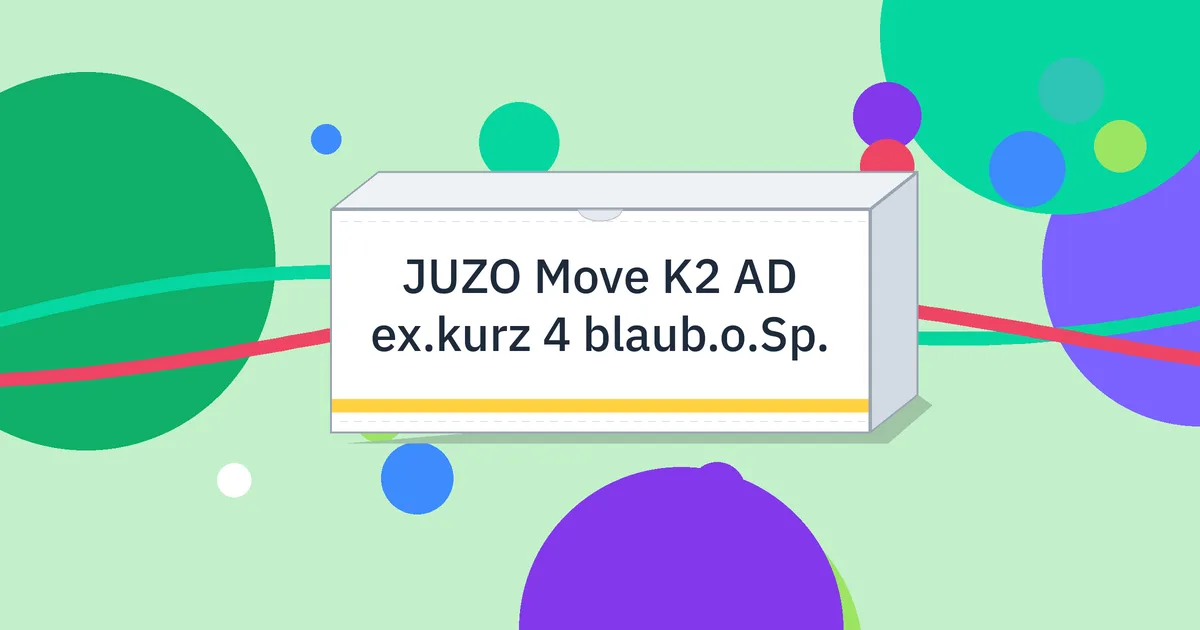 Symbolbild: Packung mit der Aufschrift JUZO Move K2 AD ex.kurz 4 blaub.o.Sp. (PZN 18542150) – Verfügbarkeit und Bezug in Apotheken in Frankfurt am Main