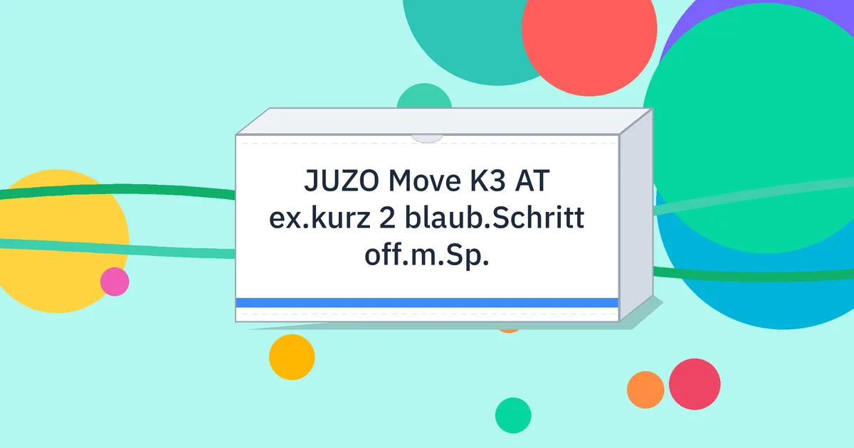 Symbolbild: Packung mit der Aufschrift JUZO Move K3 AT ex.kurz 2 blaub.Schritt off.m.Sp. (PZN 20680617) – Verfügbarkeit und Bezug in Apotheken in Frankfurt am Main