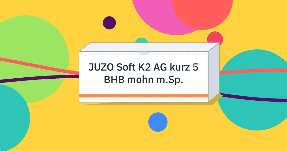 Symbolbild: Packung mit der Aufschrift JUZO Soft K2 AG kurz 5 BHB mohn m.Sp. (PZN 14826413) – Verfügbarkeit und Bezug in Apotheken in Frankfurt am Main