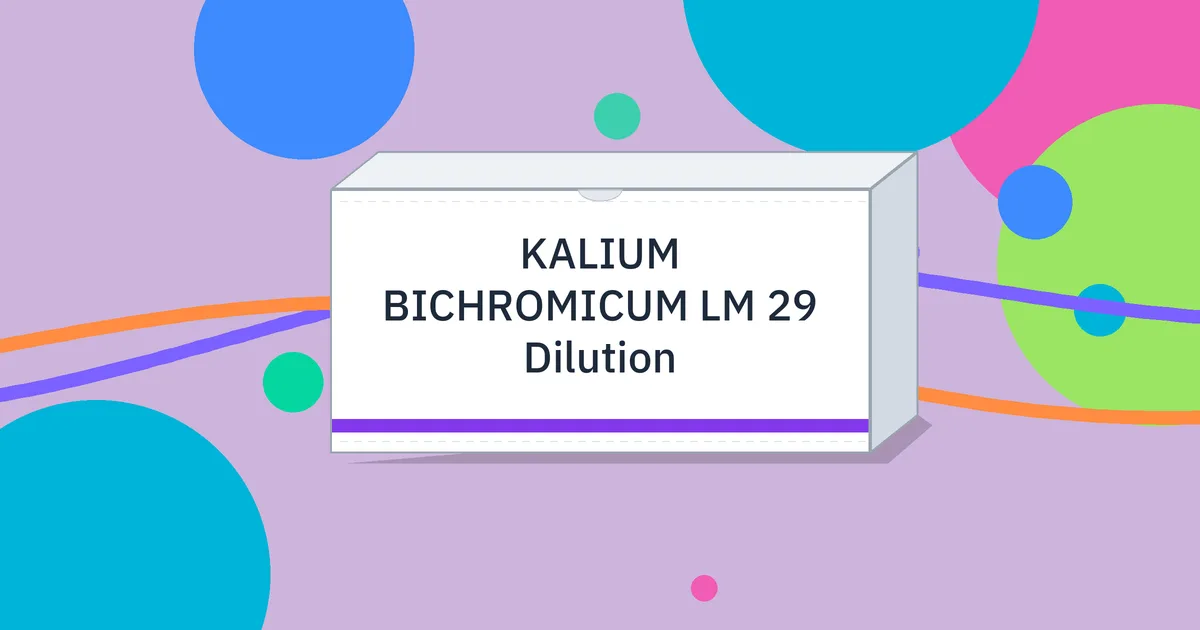 Symbolbild: Packung mit der Aufschrift KALIUM BICHROMICUM LM 29 Dilution (PZN 12917643) – Verfügbarkeit und Bezug in Apotheken in Frankfurt am Main
