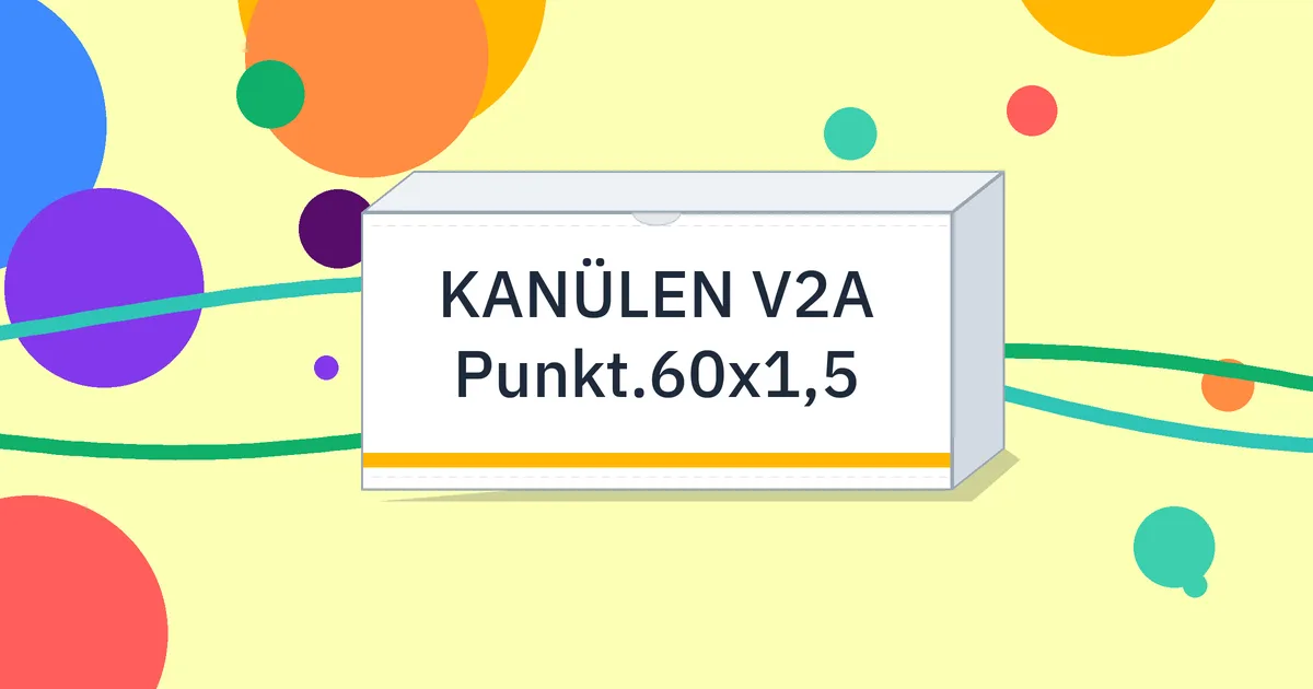 Symbolbild: Packung mit der Aufschrift KANÜLEN V2A Punkt.60x1,5 (PZN 01728815) – Verfügbarkeit und Bezug in Apotheken in Frankfurt am Main