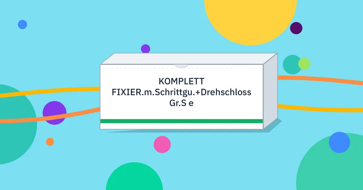 Symbolbild: Packung mit der Aufschrift KOMPLETT FIXIER.m.Schrittgu.+Drehschloss Gr.S e (PZN 11573213) – Verfügbarkeit und Bezug in Apotheken in Frankfurt am Main