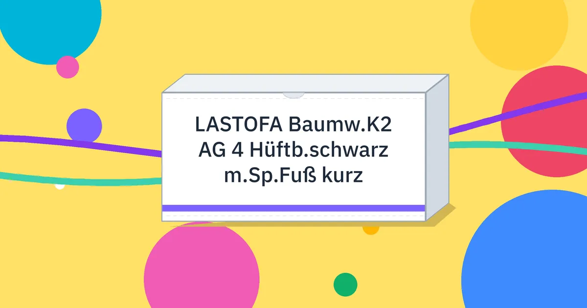 Symbolbild: Packung mit der Aufschrift LASTOFA Baumw.K2 AG 4 Hüftb.schwarz m.Sp.Fuß kurz (PZN 01949568) – Verfügbarkeit und Bezug in Apotheken in Frankfurt am Main