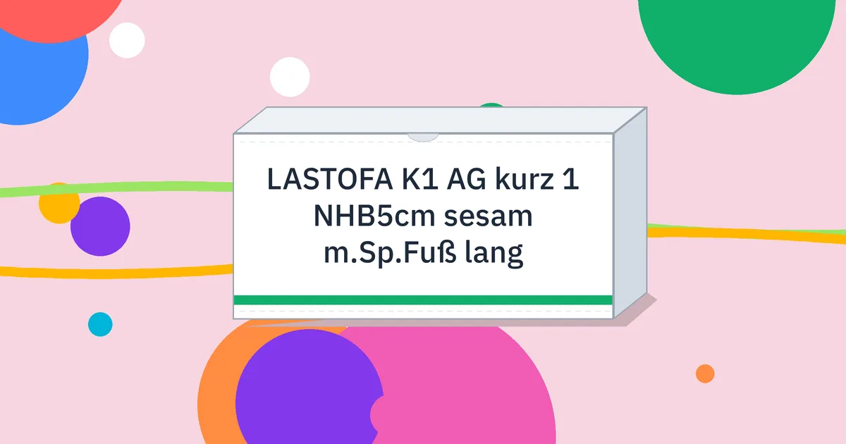 Symbolbild: Packung mit der Aufschrift LASTOFA K1 AG kurz 1 NHB5cm sesam m.Sp.Fuß lang (PZN 13789182) – Verfügbarkeit und Bezug in Apotheken in Frankfurt am Main