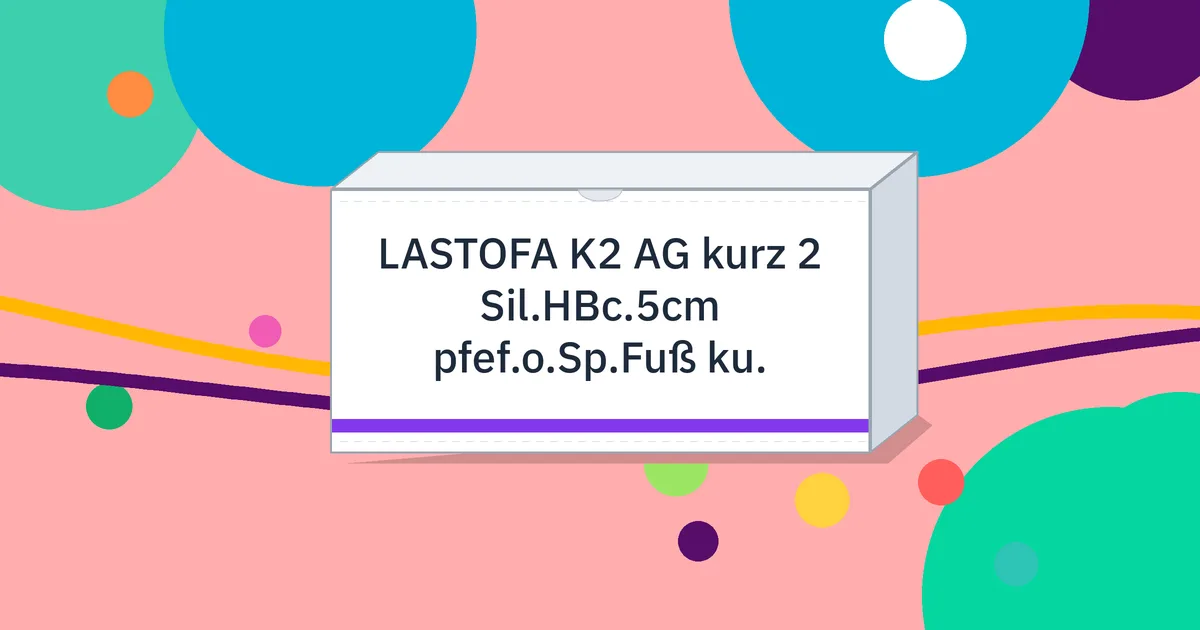Symbolbild: Packung mit der Aufschrift LASTOFA K2 AG kurz 2 Sil.HBc.5cm pfef.o.Sp.Fuß ku. (PZN 13803769) – Verfügbarkeit und Bezug in Apotheken in Frankfurt am Main