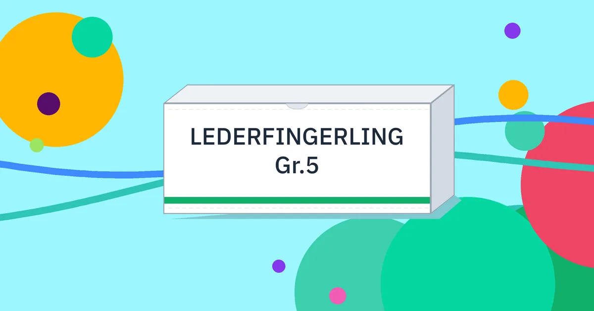 Symbolbild: Packung mit der Aufschrift LEDERFINGERLING Gr.5 (PZN 18104088) – Verfügbarkeit und Bezug in Apotheken in Frankfurt am Main
