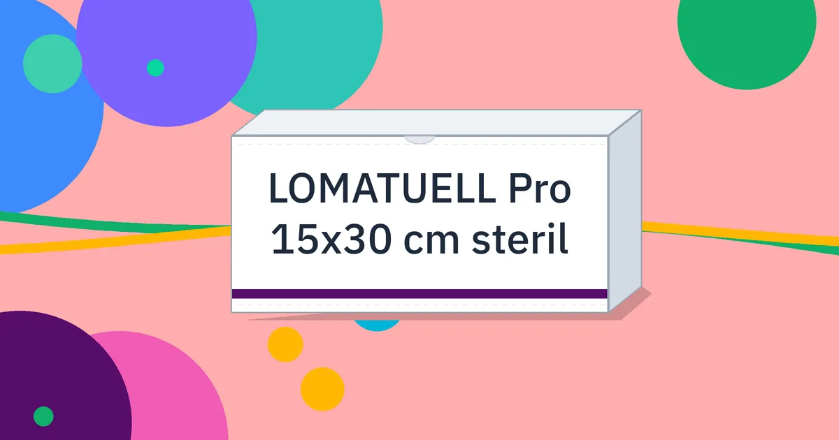 Symbolbild: Packung mit der Aufschrift LOMATUELL Pro 15x30 cm steril (PZN 19117242) – Verfügbarkeit und Bezug in Apotheken in Frankfurt am Main
