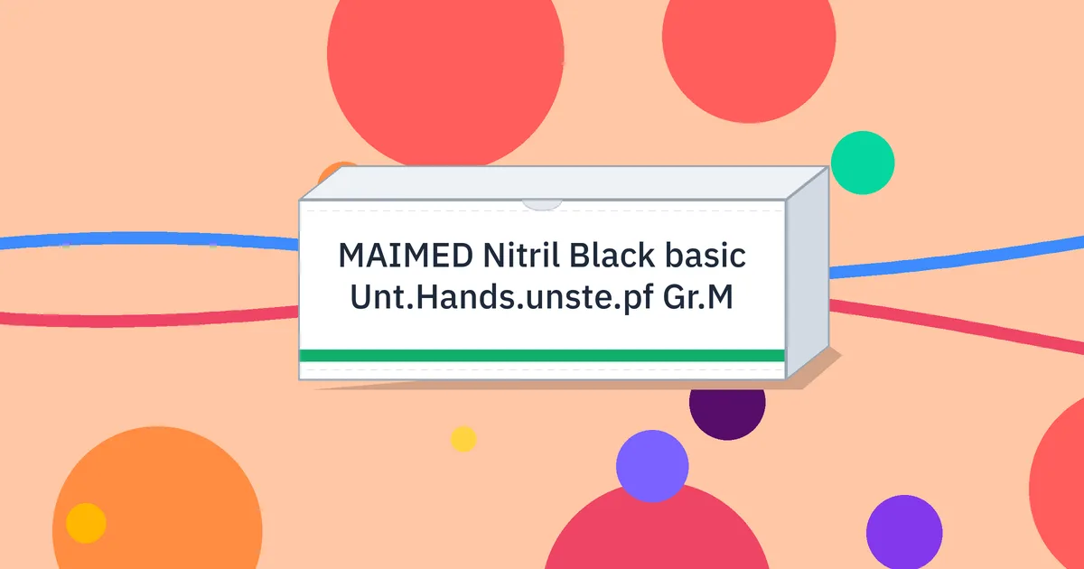 Symbolbild: Packung mit der Aufschrift MAIMED Nitril Black basic Unt.Hands.unste.pf Gr.M (PZN 19774997) – Verfügbarkeit und Bezug in Apotheken in Frankfurt am Main