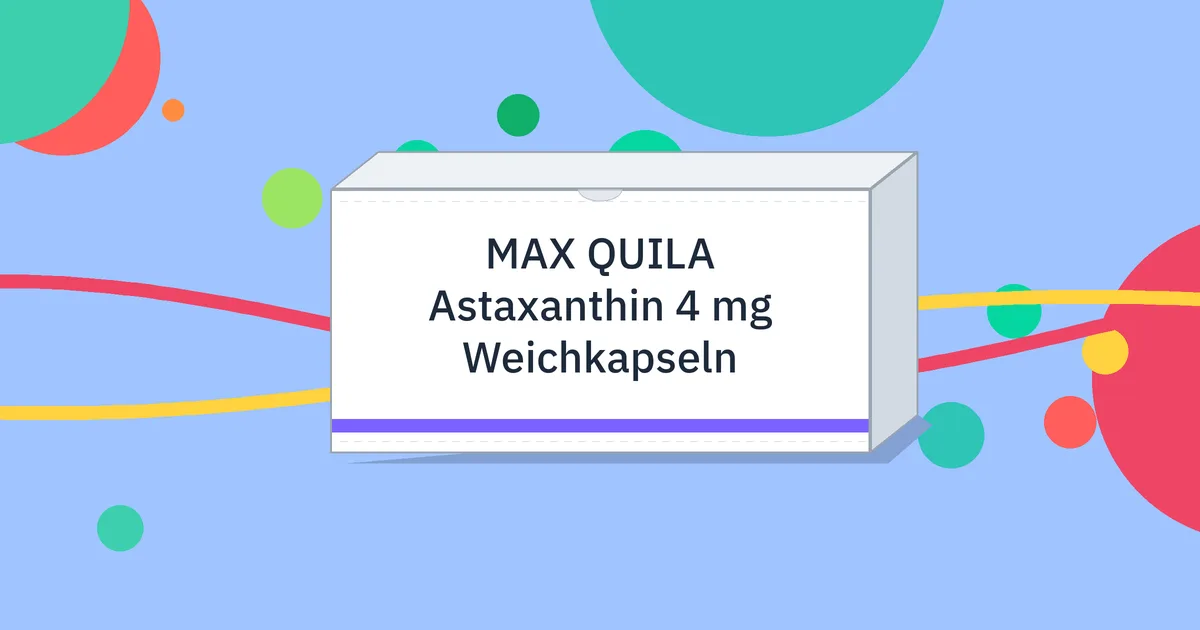Symbolbild: Packung mit der Aufschrift MAX QUILA Astaxanthin 4 mg Weichkapseln (PZN 18805098) – Verfügbarkeit und Bezug in Apotheken in Frankfurt am Main