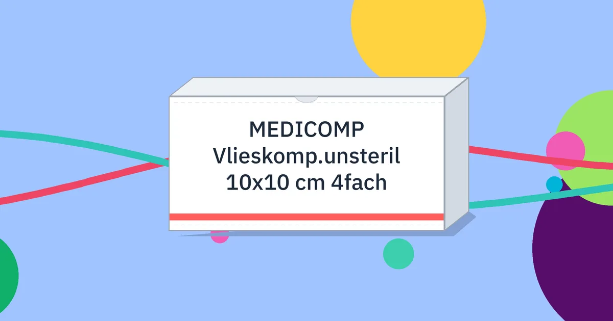 Symbolbild: Packung mit der Aufschrift MEDICOMP Vlieskomp.unsteril 10x10 cm 4fach (PZN 04783855) – Verfügbarkeit und Bezug in Apotheken in Frankfurt am Main