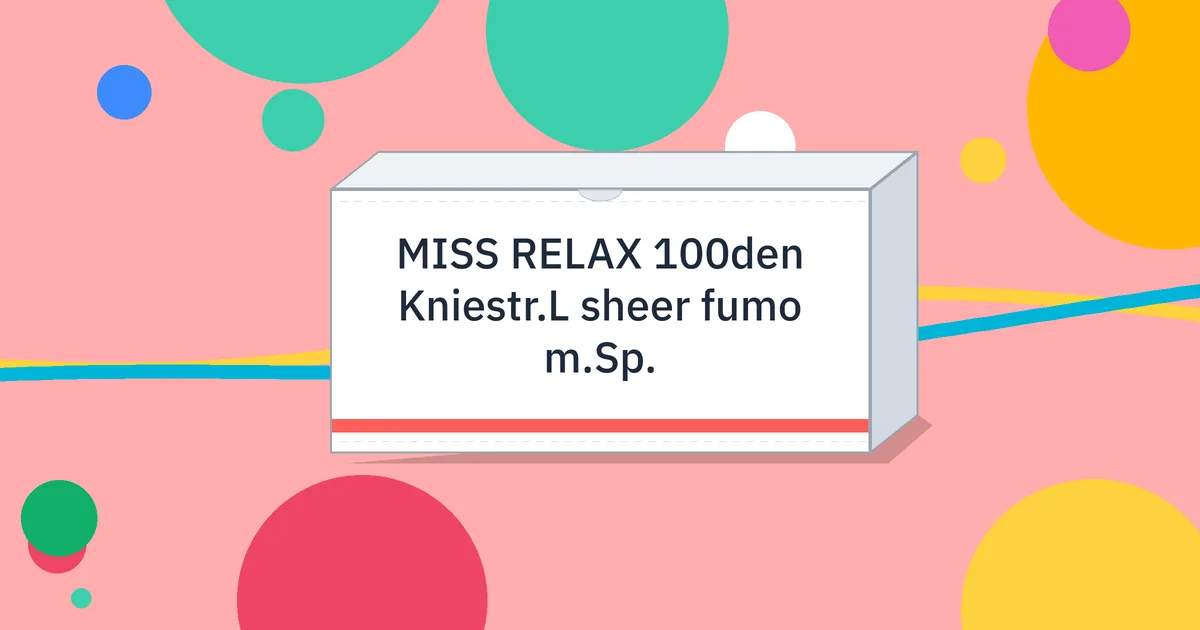 Symbolbild: Packung mit der Aufschrift MISS RELAX 100den Kniestr.L sheer fumo m.Sp. (PZN 04270162) – Verfügbarkeit und Bezug in Apotheken in Frankfurt am Main
