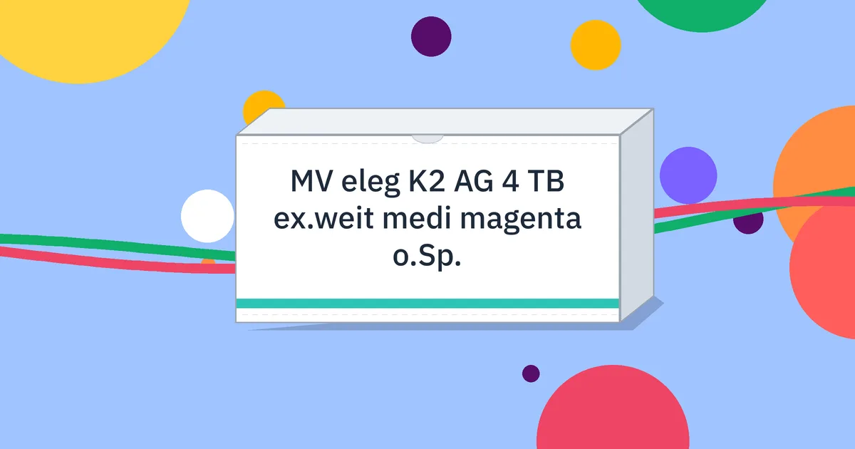 Symbolbild: Packung mit der Aufschrift MV eleg K2 AG 4 TB ex.weit medi magenta o.Sp. (PZN 14641748) – Verfügbarkeit und Bezug in Apotheken in Frankfurt am Main