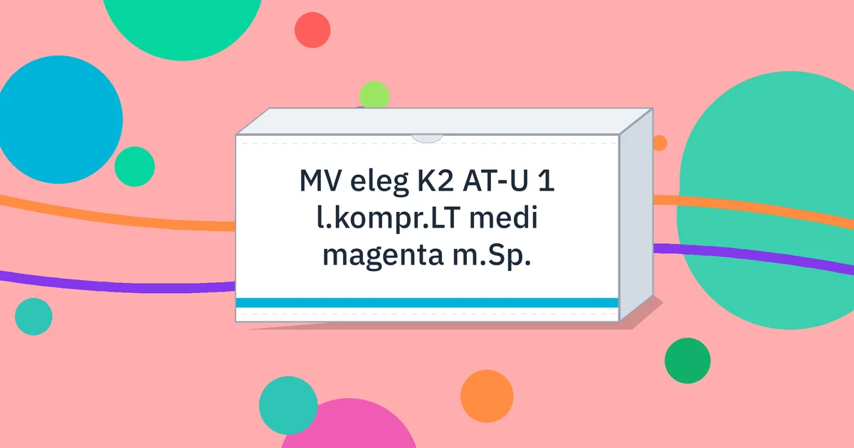 Symbolbild: Packung mit der Aufschrift MV eleg K2 AT-U 1 l.kompr.LT medi magenta m.Sp. (PZN 15289727) – Verfügbarkeit und Bezug in Apotheken in Frankfurt am Main