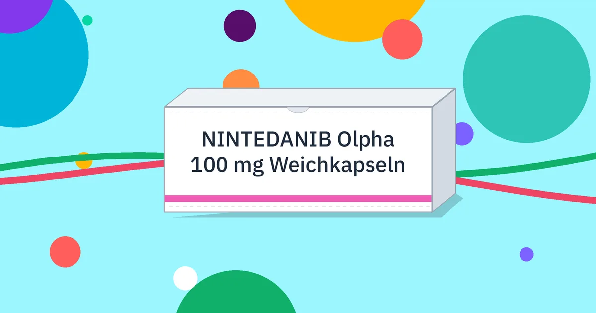 Symbolbild: Packung mit der Aufschrift NINTEDANIB Olpha 100 mg Weichkapseln (PZN 20020789) – Verfügbarkeit und Bezug in Apotheken in Frankfurt am Main