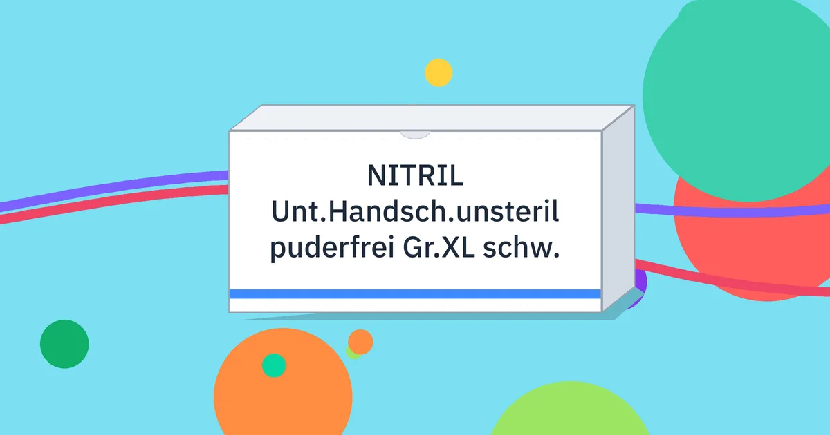 Symbolbild: Packung mit der Aufschrift NITRIL Unt.Handsch.unsteril puderfrei Gr.XL schw. (PZN 13351149) – Verfügbarkeit und Bezug in Apotheken in Frankfurt am Main